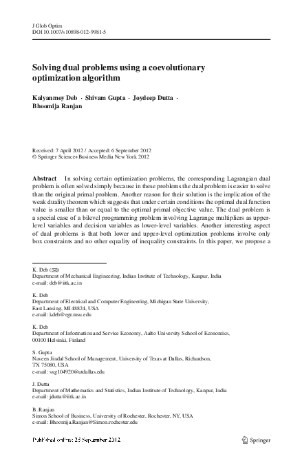 (PDF) Solving Dual Problems Using a Coevolutionary Optimization Algorithm