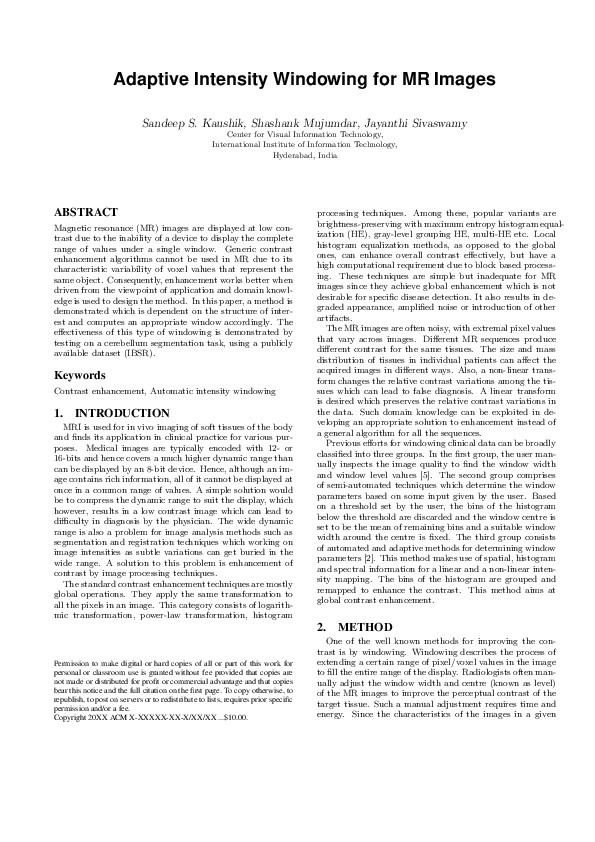 (PDF) Adaptive Intensity Windowing for MR Images