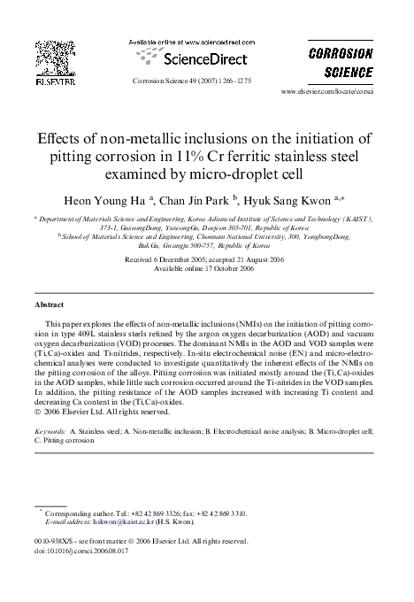 (PDF) Effects of non-metallic inclusions on the initiation of pitting corrosion in 11% Cr ...