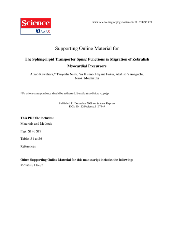 (PDF) The Sphingolipid Transporter Spns2 Functions in Migration of ...