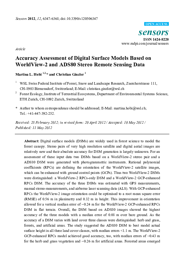 (PDF) Accuracy Assessment of Digital Surface Models Based on WorldView-2 and ADS80 Stereo Remote ...