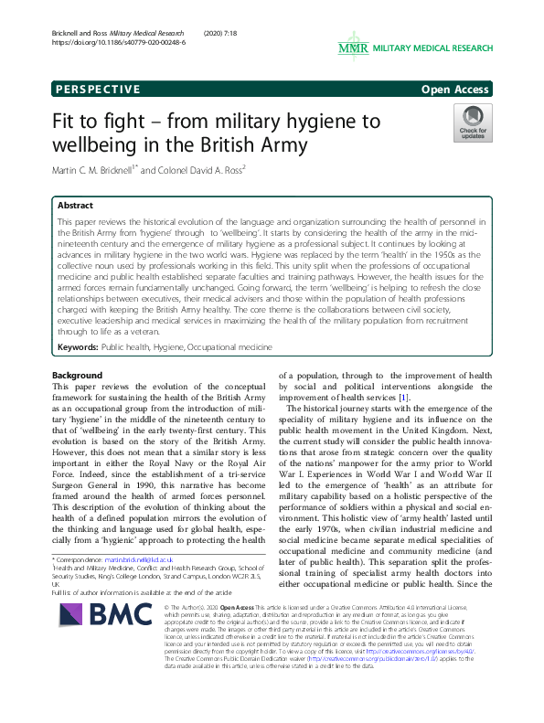 (PDF) Fit to fight – from military hygiene to wellbeing in the British Army