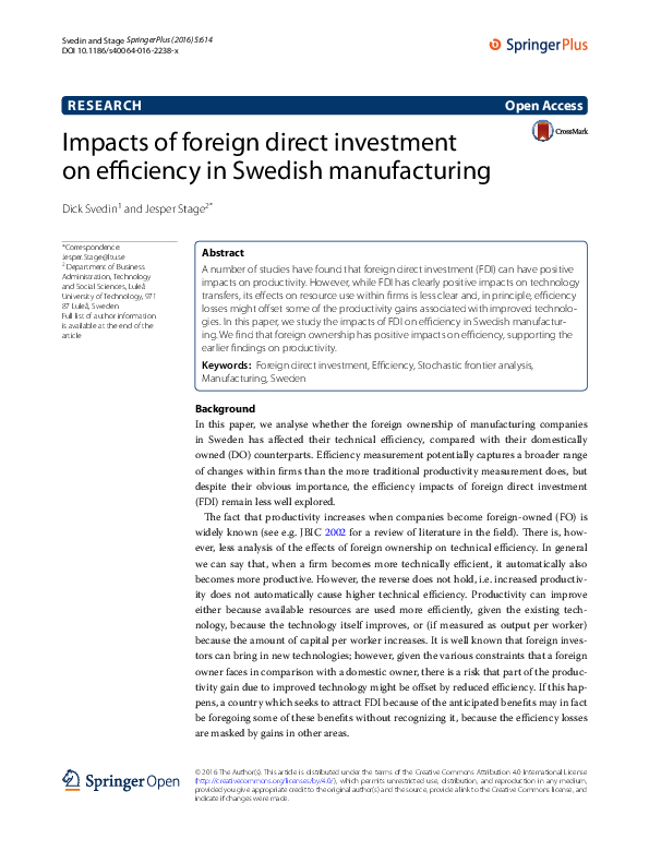 (PDF) Impacts of foreign direct investment on efficiency in Swedish ...