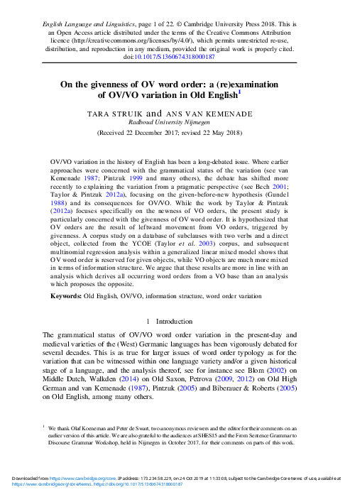 (PDF) On the givenness of OV word order: a (re)examination of OV/VO ...