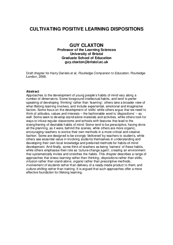 (PDF) Cultivating Positive Learning Dispositions Guy