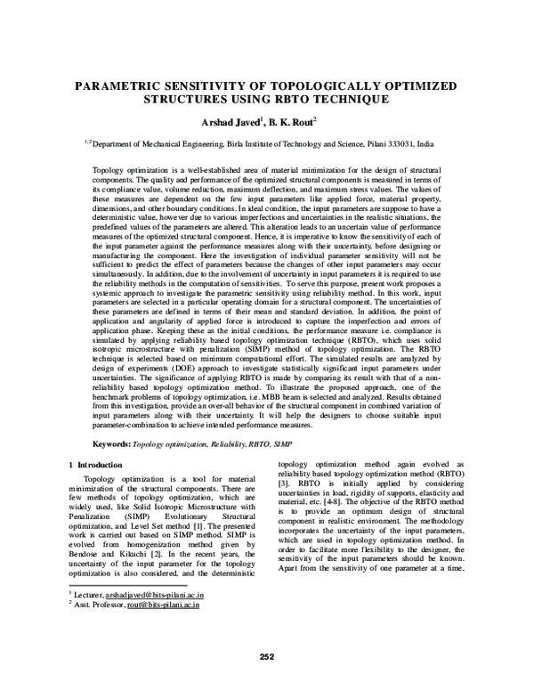 (PDF) Parametric Sensitivity of Topologically Optimized Structures Using Rbto Technique