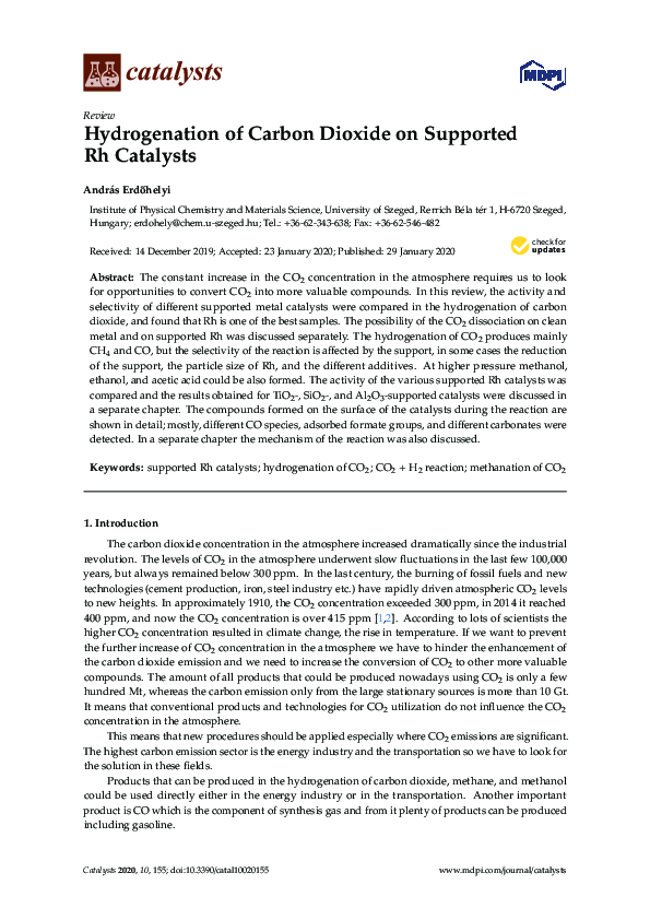 (PDF) Hydrogenation of Carbon Dioxide on Supported Rh Catalysts