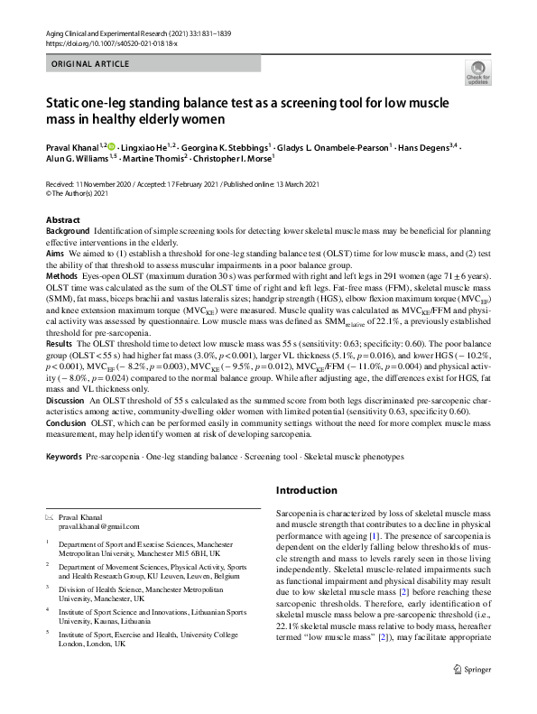 (PDF) Static one-leg standing balance test as a screening tool for low ...