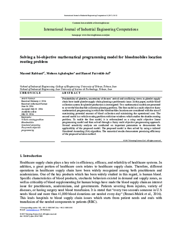 Pdf Solving A Bi Objective Mathematical Programming Model For