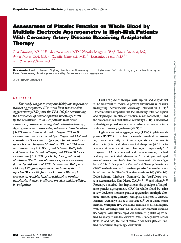 (PDF) Assessment of Platelet Function on Whole Blood by Multiple ...