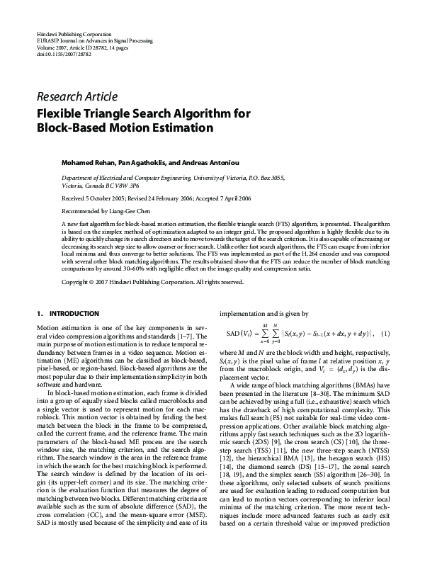 Pdf Flexible Triangle Search Algorithm For Block Based Motion Estimation M Rehan