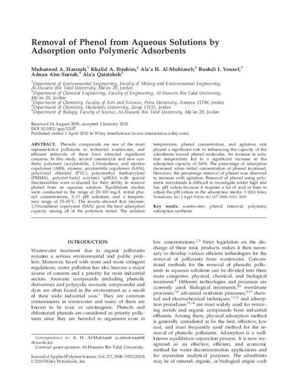 (PDF) Removal of phenol from aqueous solutions by adsorption onto polymeric adsorbents