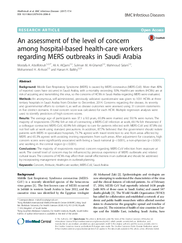 (PDF) An assessment of the level of concern among hospital-based health ...