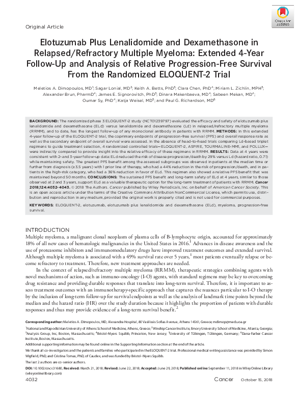 (PDF) Elotuzumab plus lenalidomide and dexamethasone in relapsed/refractory multiple myeloma ...