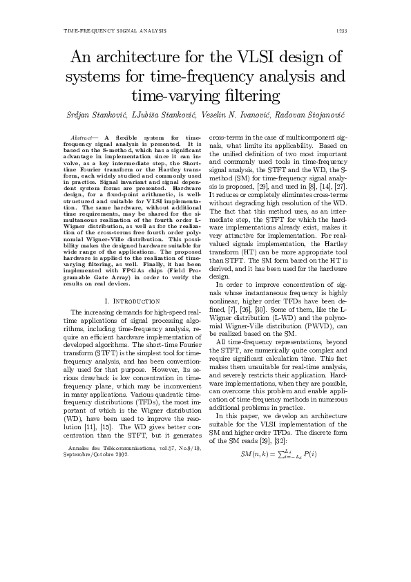 Pdf An Architecture For The Vlsi Design Of Systems For Time Frequency Analysis And Time