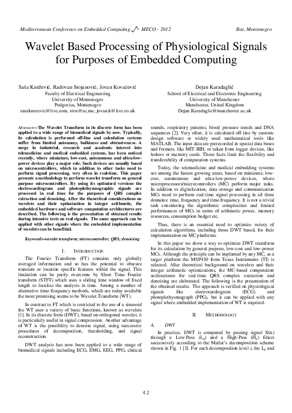 (PDF) Wavelet based processing of physiological signals for purposes of embedded computing
