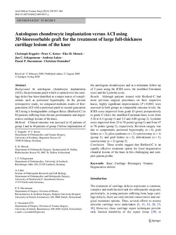 (PDF) Autologous chondrocyte implantation versus ACI using 3D ...