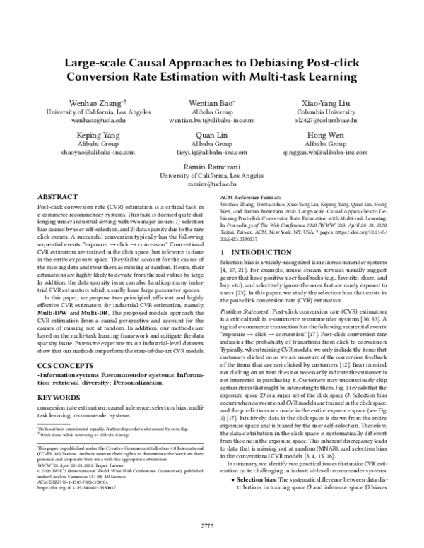 (PDF) Large-scale Causal Approaches to Debiasing Post-click Conversion Rate Estimation with ...
