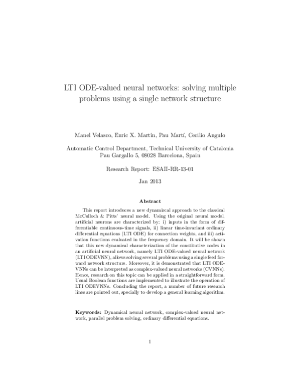 (PDF) LTI ODE-valued neural networks: solving multiple problems using a ...