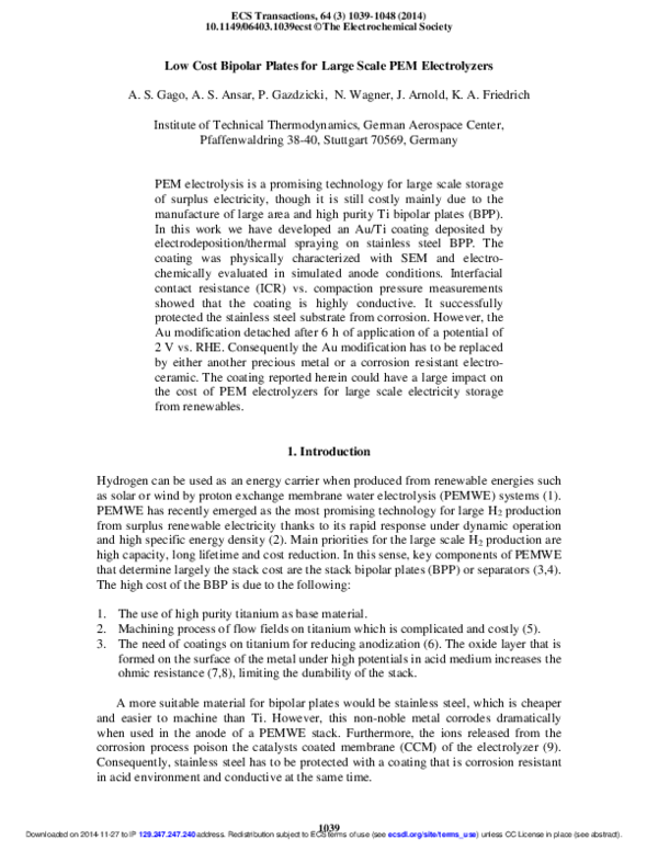 (PDF) Low Cost Bipolar Plates for Large Scale PEM Electrolyzers