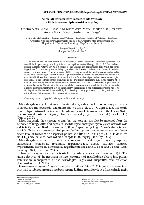 (PDF) Successful treatment of metaldehyde toxicosis with intravenous ...