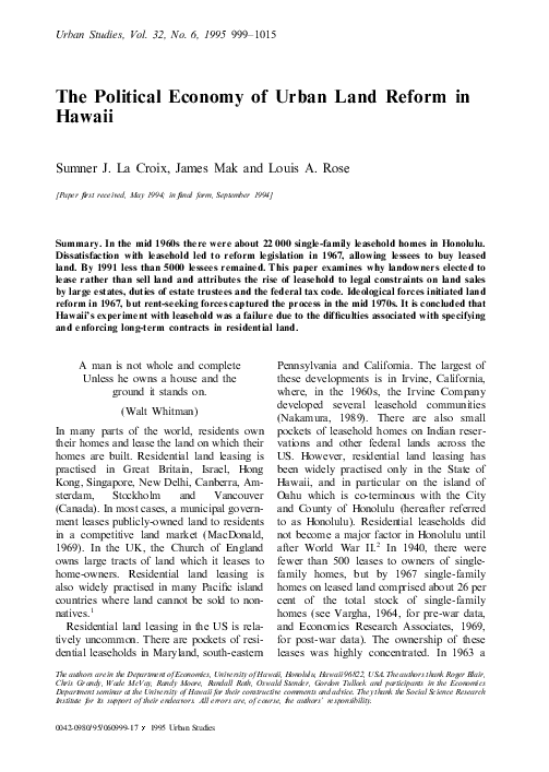 (PDF) The Political Economy of Urban Land Reform in Hawaii