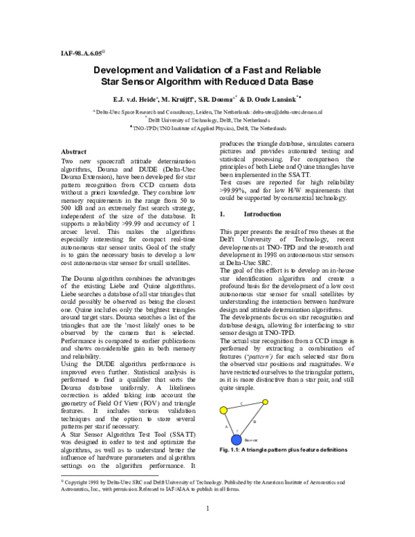 (PDF) Development and Validation of a Fast and Reliable Star Sensor Algorithm with Reduced Data Base