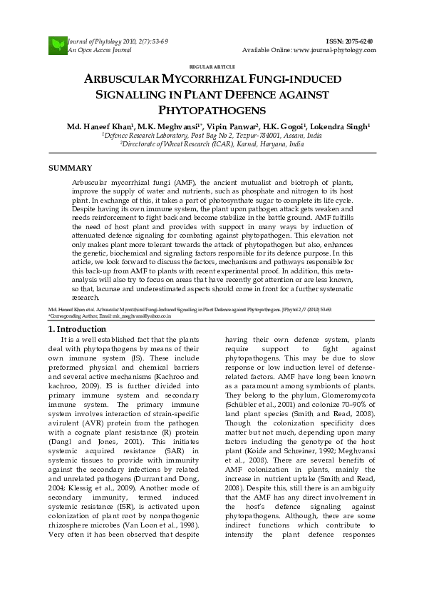 (PDF) Arbuscular Mycorrhizal Fungi-Induced Signalling in Plant Defence Against Phytopathogens