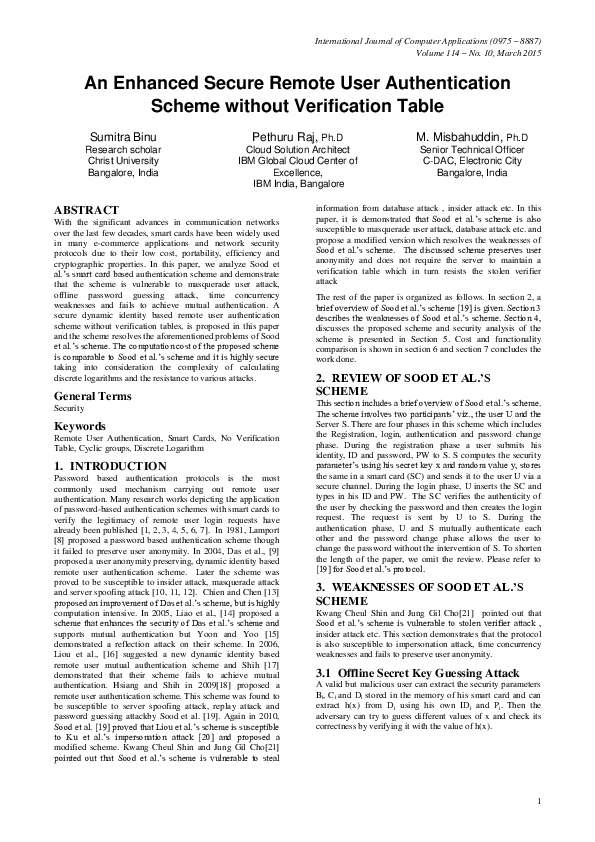Pdf An Enhanced Secure Remote User Authentication Scheme Without Verification Table