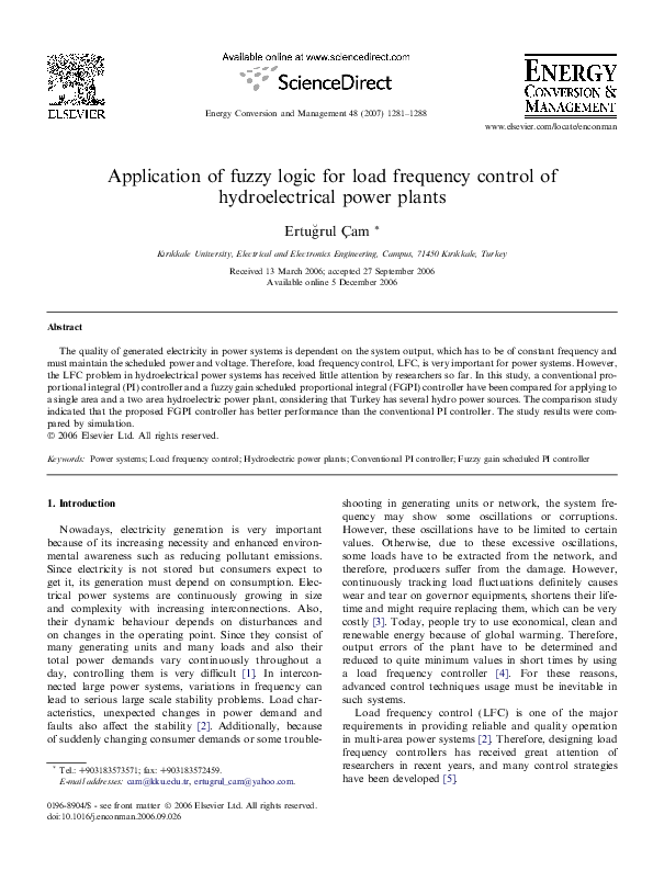 Pdf Application Of Fuzzy Logic For Load Frequency Control Of