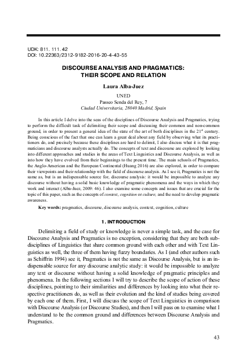 (PDF) Discourse Analysis and Pragmatics: Their Scope and Relation