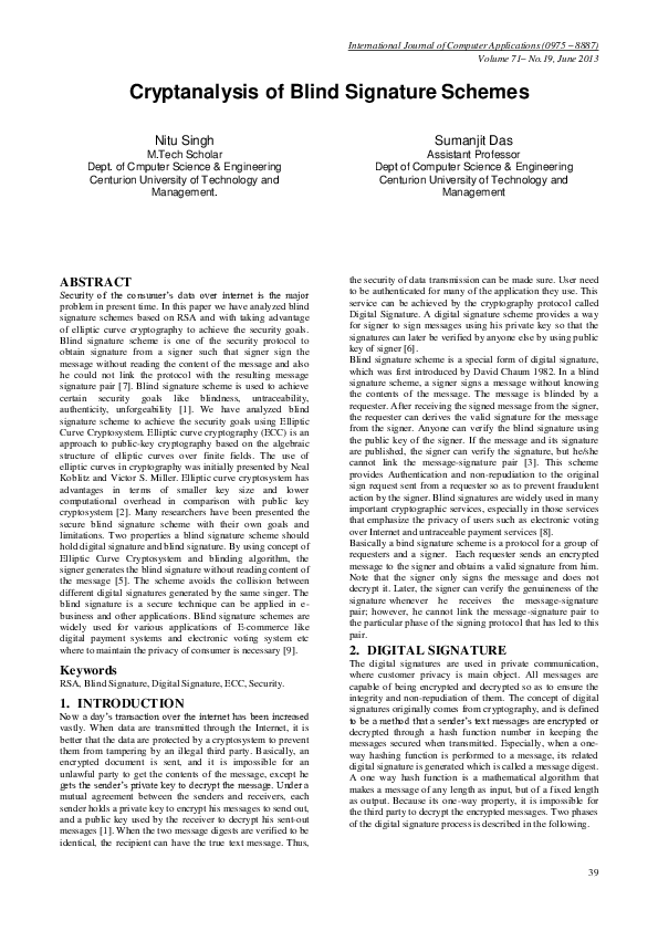 (PDF) Cryptanalysis of Blind Signature Schemes