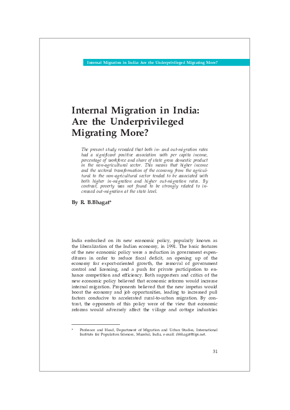 (PDF) Internal Migration in India: Are the Underprivileged Migrating More?