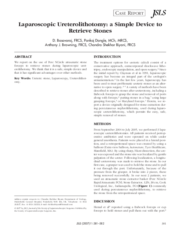 (PDF) Laparoscopic Ureterolithotomy: a Simple Device to Retrieve Stones