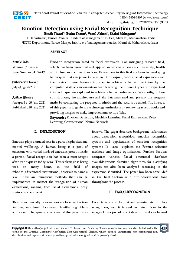 Pdf Emotion Detection Using Facial Recognition Technique