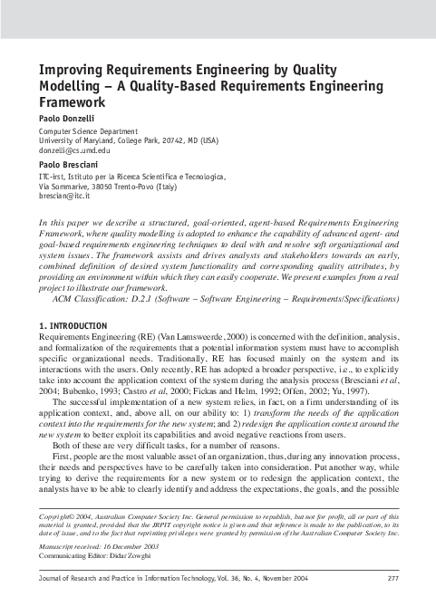 (PDF) Improving requirements engineering by quality modelling: a quality-based requirements ...