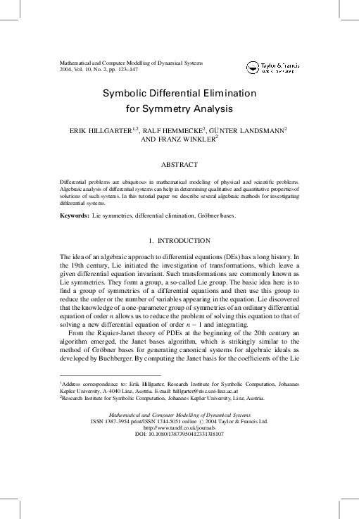 (PDF) Symbolic Differential Elimination for Symmetry Analysis