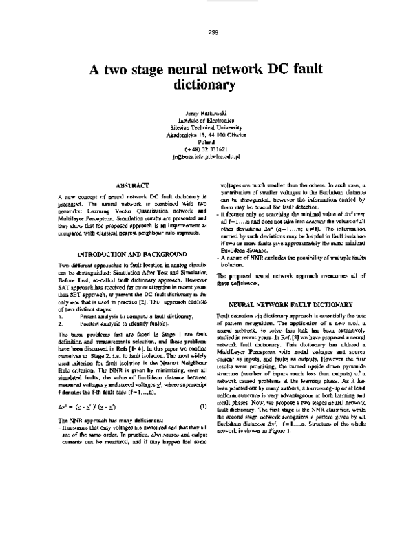 (PDF) A two stage neural network DC fault dictionary