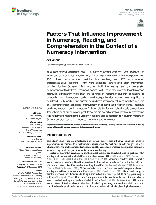 (PDF) Factors That Influence Improvement in Numeracy, Reading, and ...