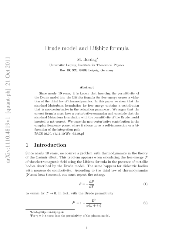 (PDF) Drude model and Lifshitz formula