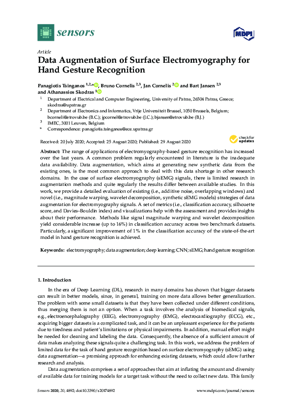 Pdf Data Augmentation Of Surface Electromyography For Hand Gesture Recognition