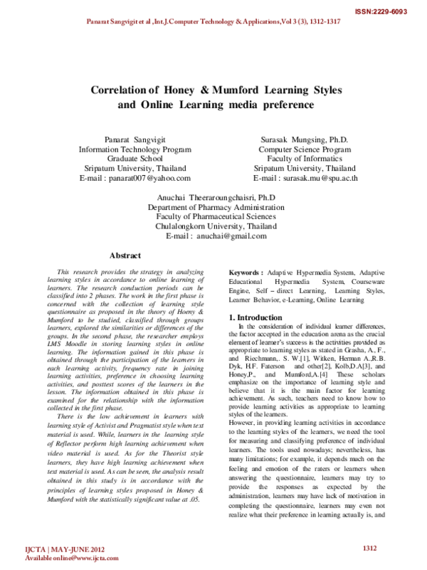 Pdf Correlation Of Honey And Mumford Learning Styles And Online Learning Media Preference