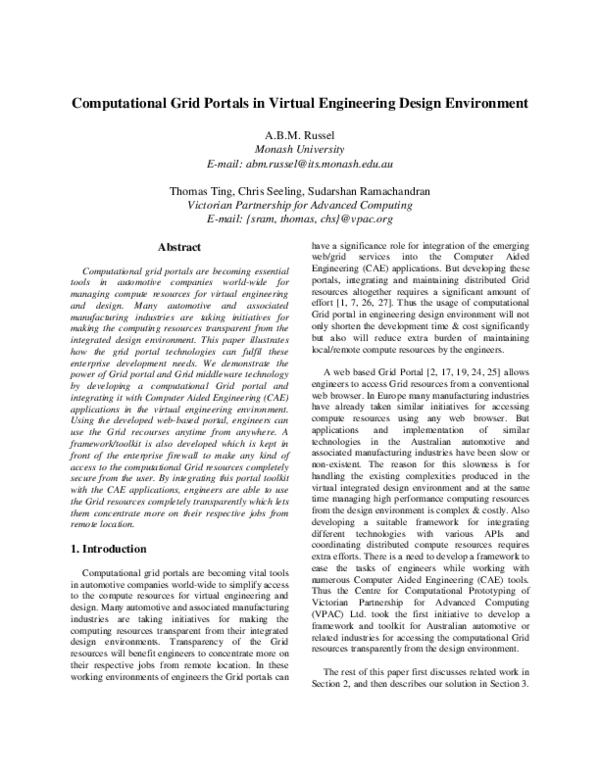 (PDF) Computational Grid Portals in Virtual Engineering Design Environment
