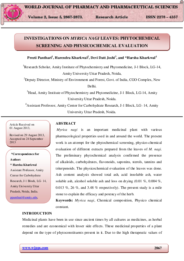 (PDF) Investigation on Myrica nagi leaves: Phytochemical screening and physicochemical evaluation