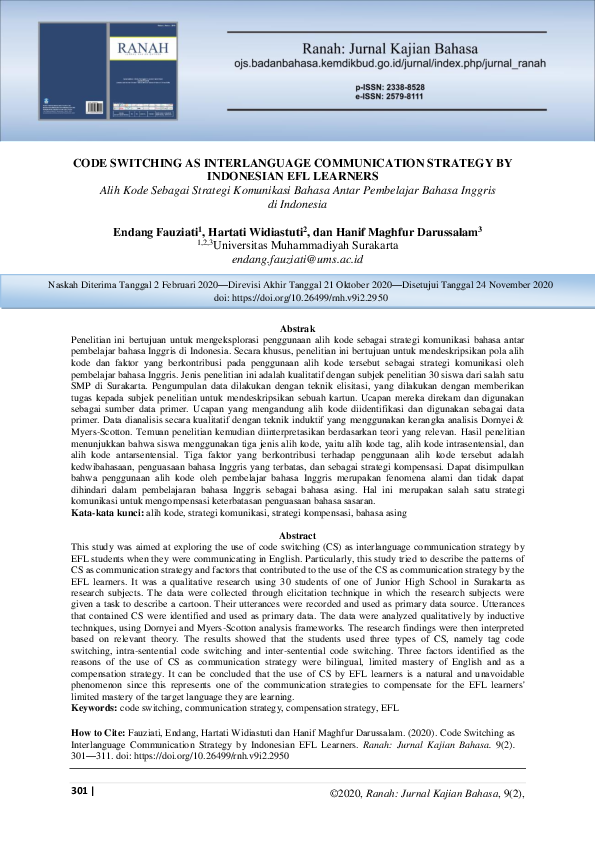 (PDF) Code Switching as Interlanguage Communication Strategy by ...