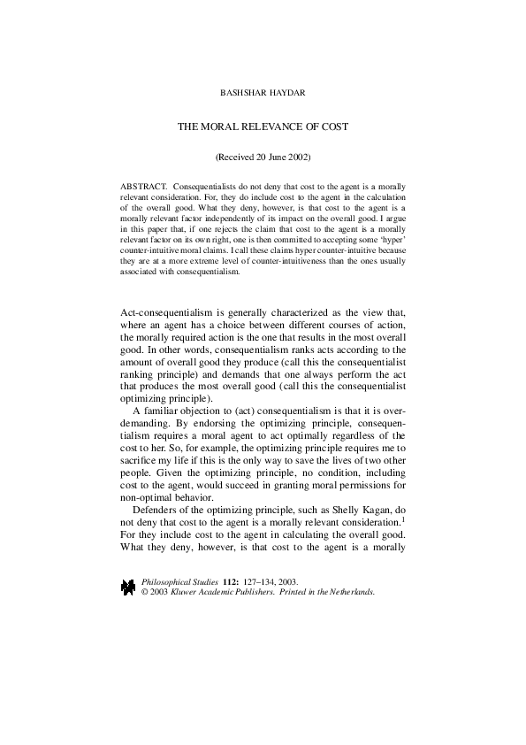 (PDF) The Moral Relevance of Cost