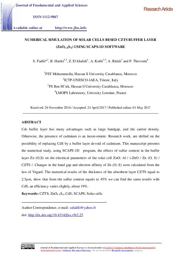 (PDF) Numerical simulation of solar cells besed CZTS buffer layer (ZnO 1-X S X ) using SCAPS-1D ...