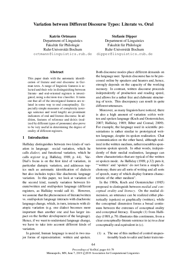 (PDF) Variation between Different Discourse Types: Literate vs. Oral