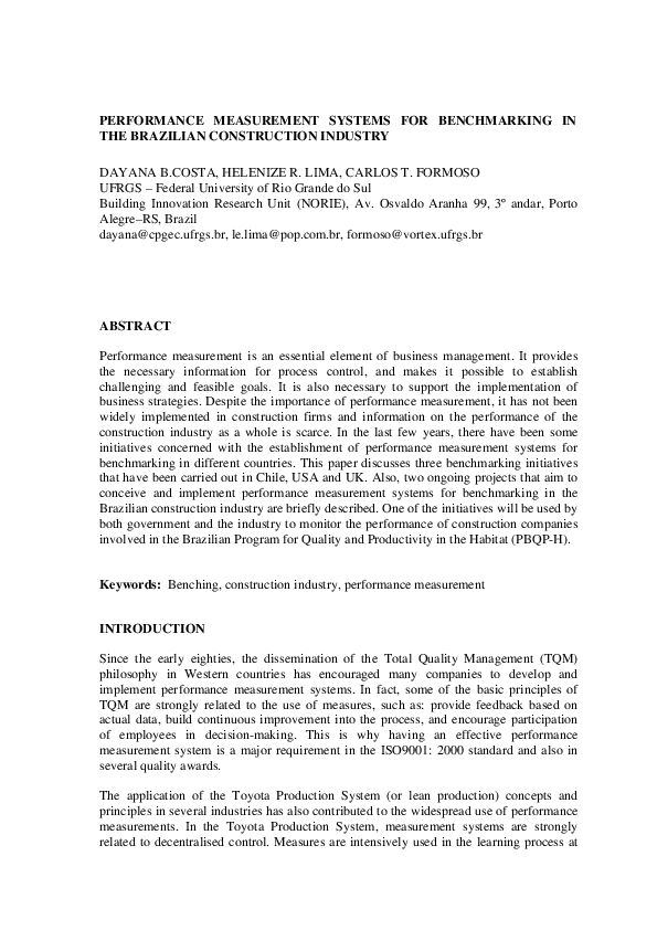 (PDF) Performance measurement systems for benchmarking in the ...