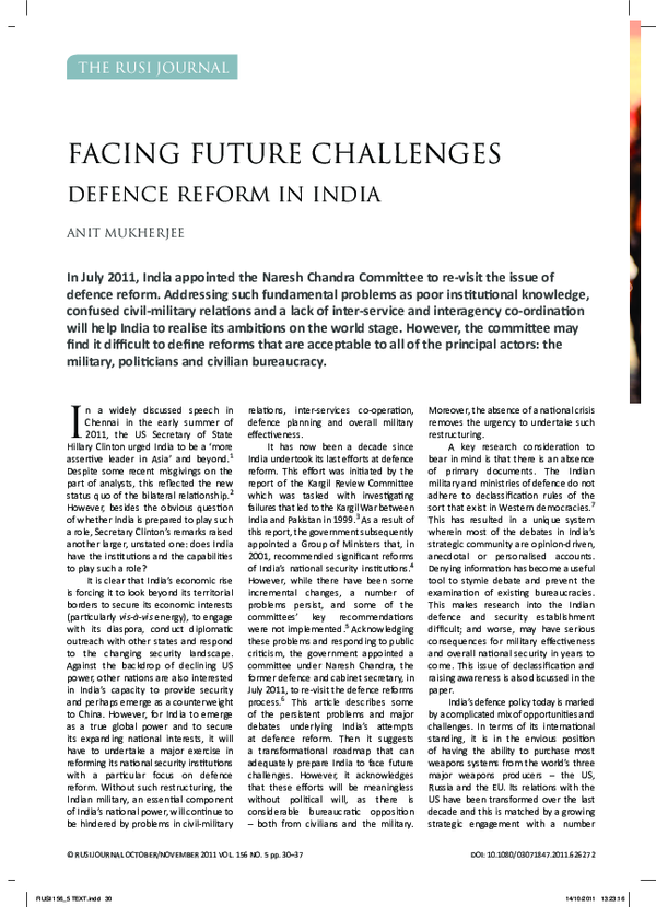 (PDF) Facing Future Challenges: Defence Reform in India